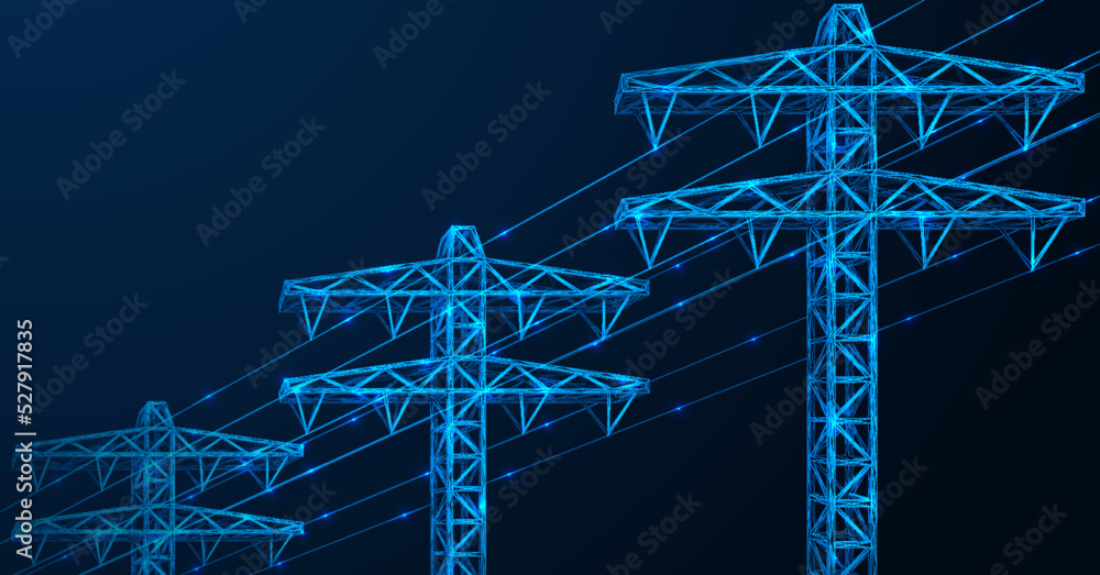 High-voltage power lines. Electric towers connected by wires. Low-poly ...