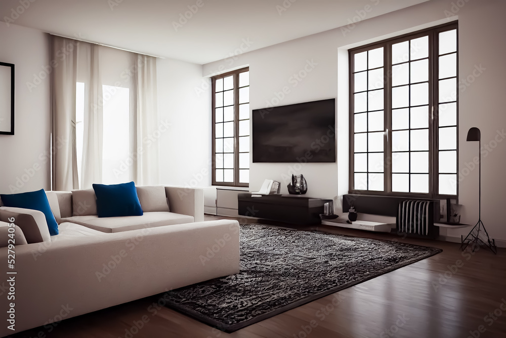 Living room interior design with Sofa, carpet, window and TV. Stock ...
