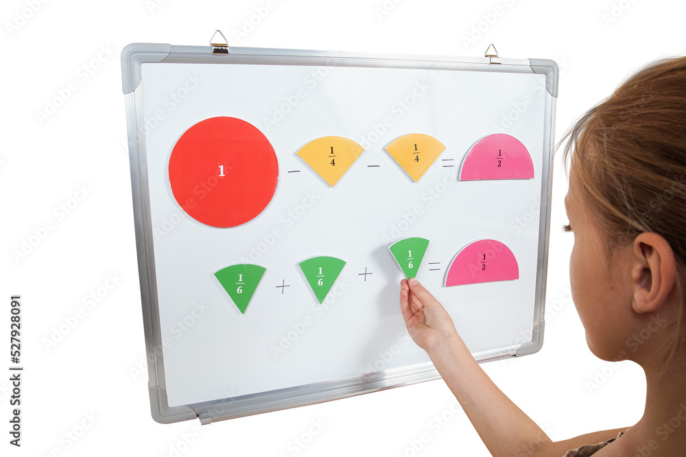 Little preschooler girl on magnetic interactive white borad is studying ...