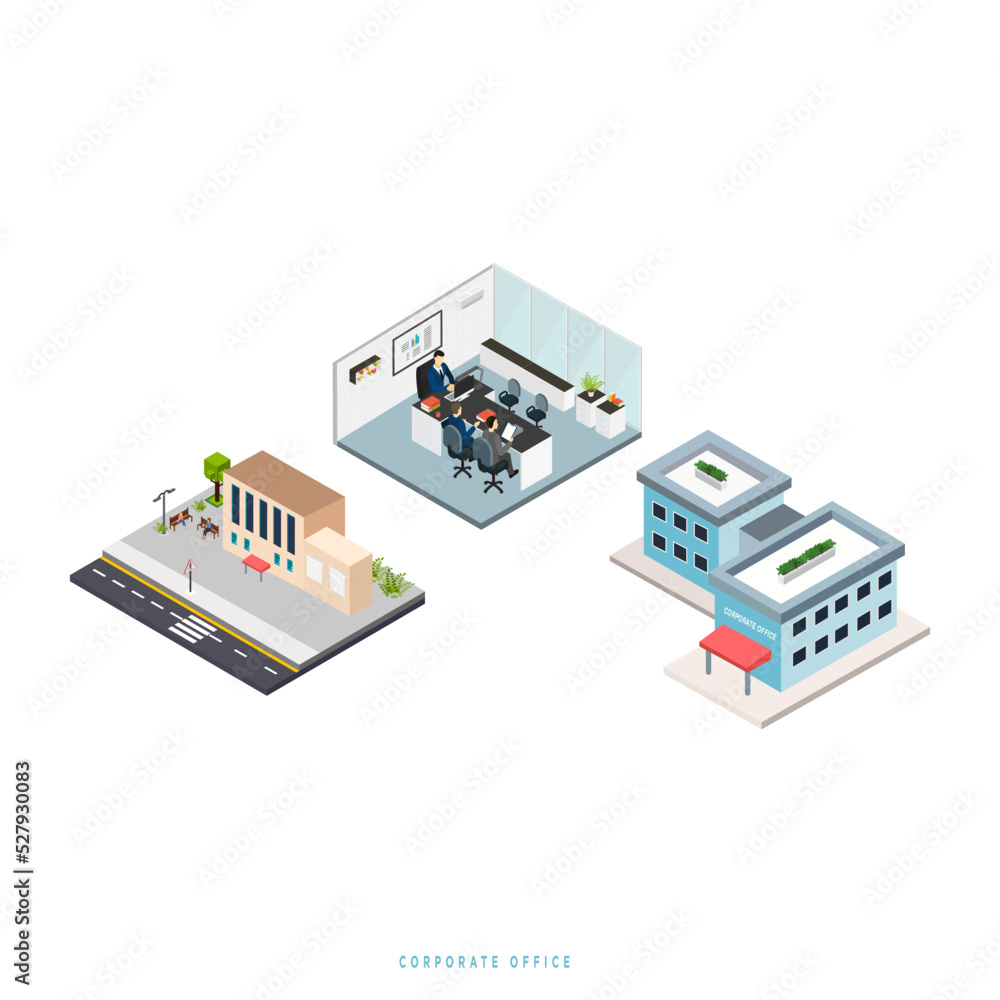Isometric office buildings set interior elements office workers lawyers ...