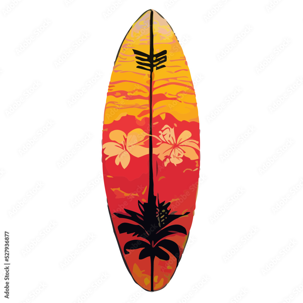 Surf Board with Tropical Designs, Vector Surfboard, Beach Theme, Summer ...