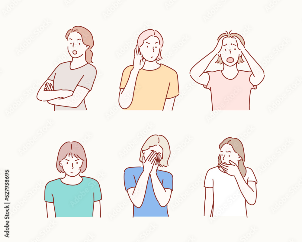Woman with different facial expressions set. They are nervous, anxious ...