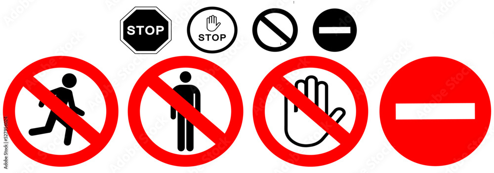 No entry sign. Prohibition sign walking pedestrian. Stop signs ...