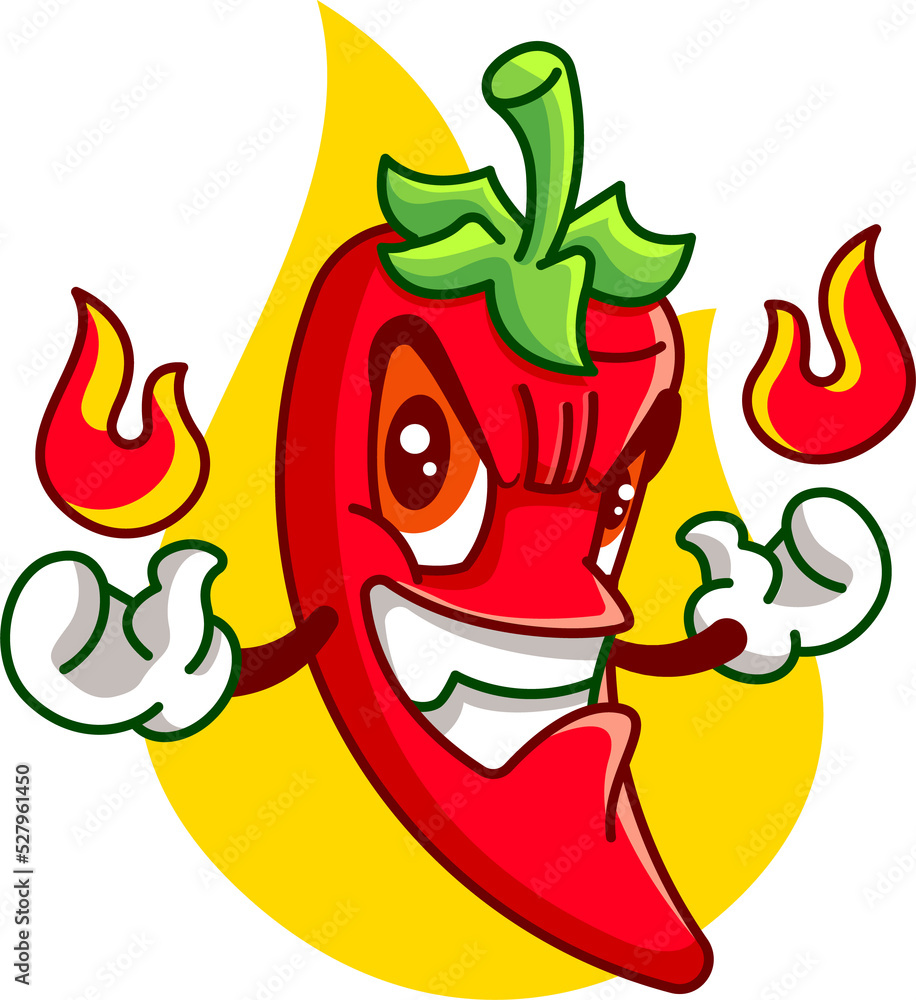 Mad chilli cartoon character hand with floating fireball illustration ...