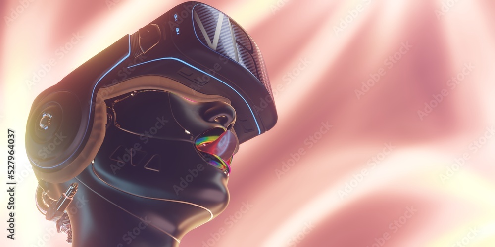 Portrait of a Futuristic cybernetic girl, Fembot wearing VR goggles ...
