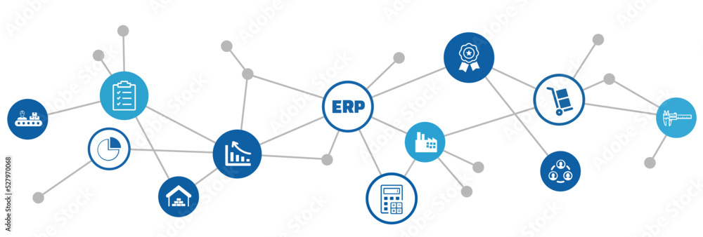 ERP vector illustration. Concept with connected icons related to ...