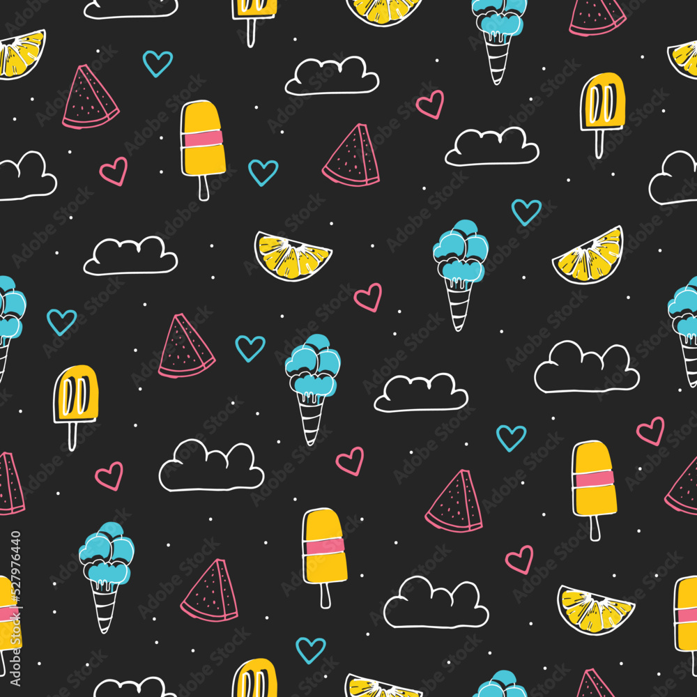 SUMMER BACKGROUND. SEAMLESS PATTERN WITH SUMMER ICON ISOLATED ON BLACK ...