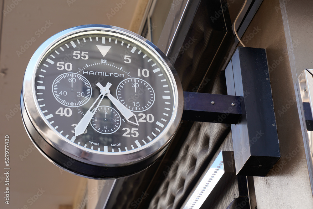 hamilton swiss made watch logo sign and brand text on store facade ...