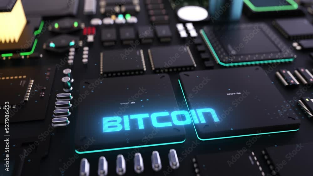 bitcoin header on the background of microprocessors on a circuit board ...