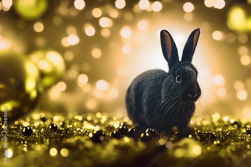Cute black rabbit on shiny background. Happy Chinese new year 2023 year ...