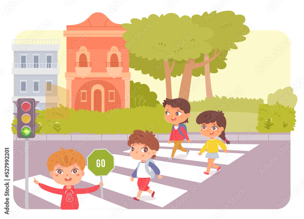 Kid with traffic sign and children cross pedestrian crossing vector ...