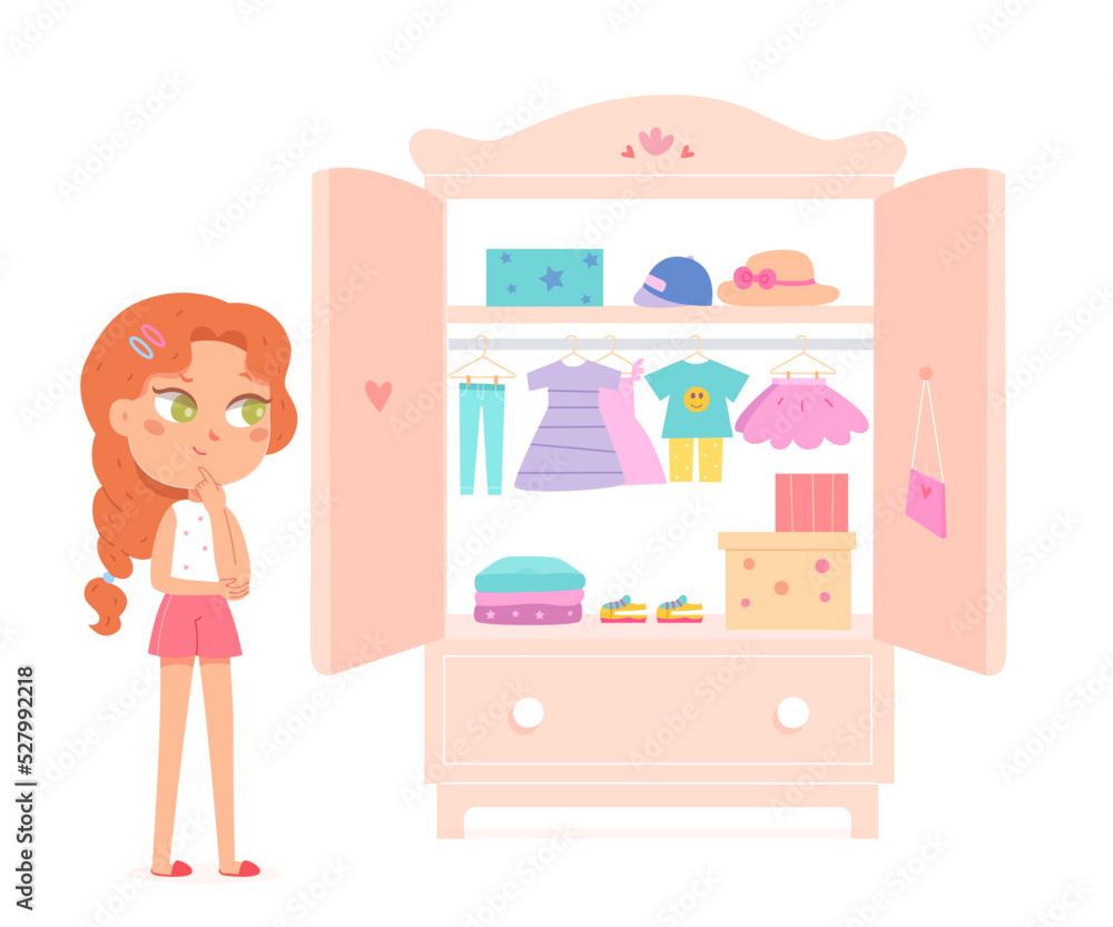 Cute girl choosing dress for fashion outfit in pink wardrobe vector ...