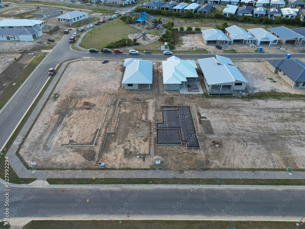 Aerial photo of construction site, new build houses at various stages ...
