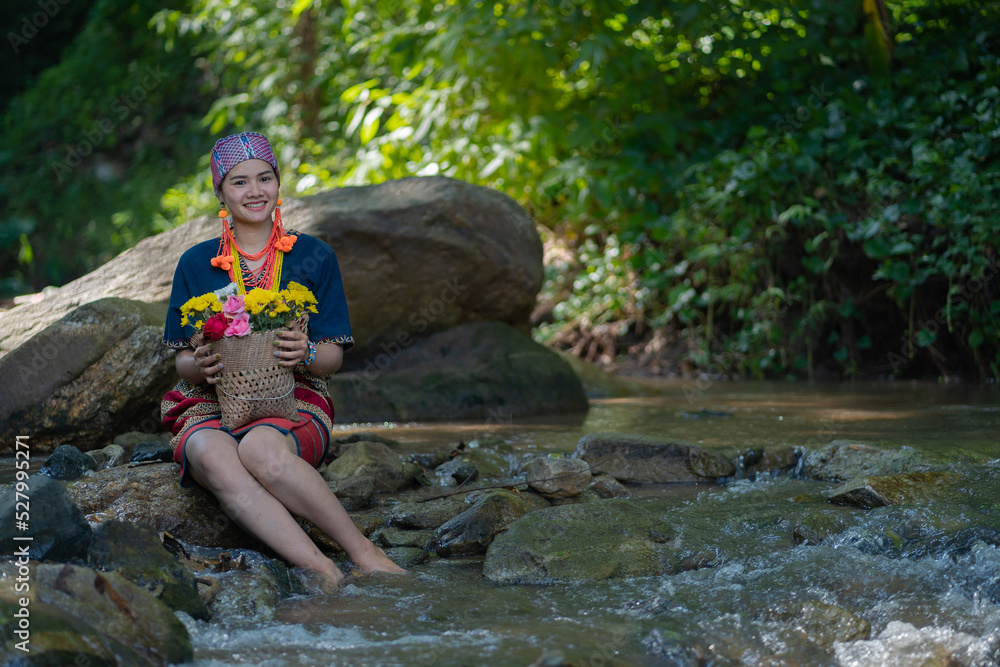 Beautiful Asian young tribal lady in the native traditional dress ...