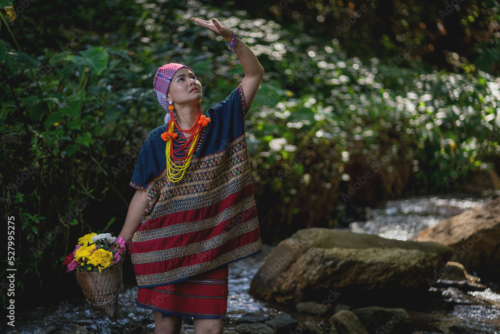 Beautiful Asian young tribal lady in the native traditional dress ...