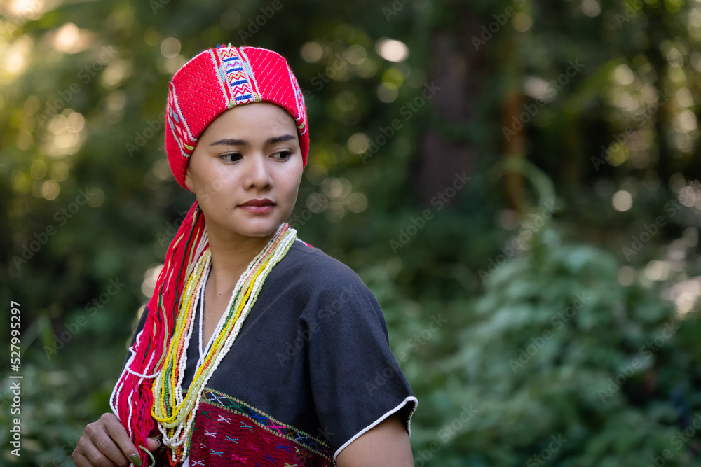 Beautiful Asian young tribal lady in the native traditional dress ...