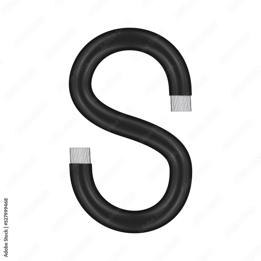 letter S made of black wire with bare ends, transparent background, 3d ...