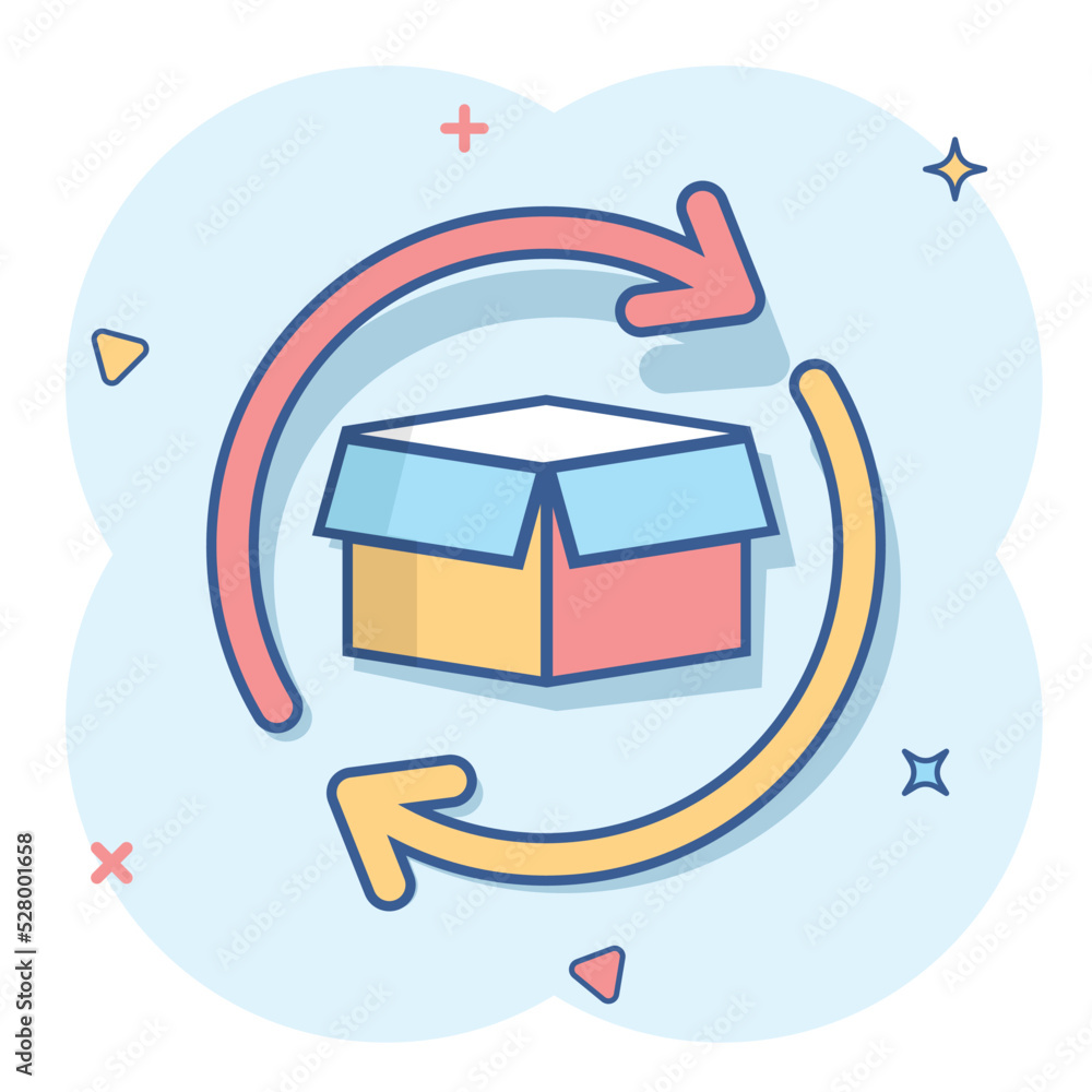 Vector cartoon box package return icon in comic style. Delivery box ...