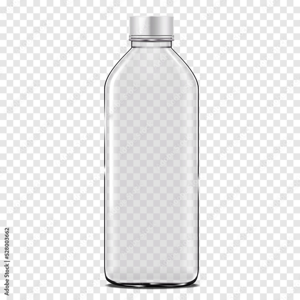 Clear empty glass bottle with white plastic screw cap on transparent ...