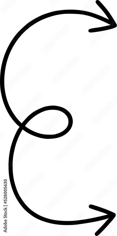 Curly double sided arrow . In black color. Hand drawn symbol in two ...