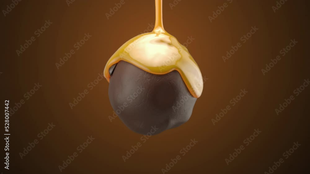Close up Slow motion Caramel Liquid Dripping on Chocolate ball isolate ...