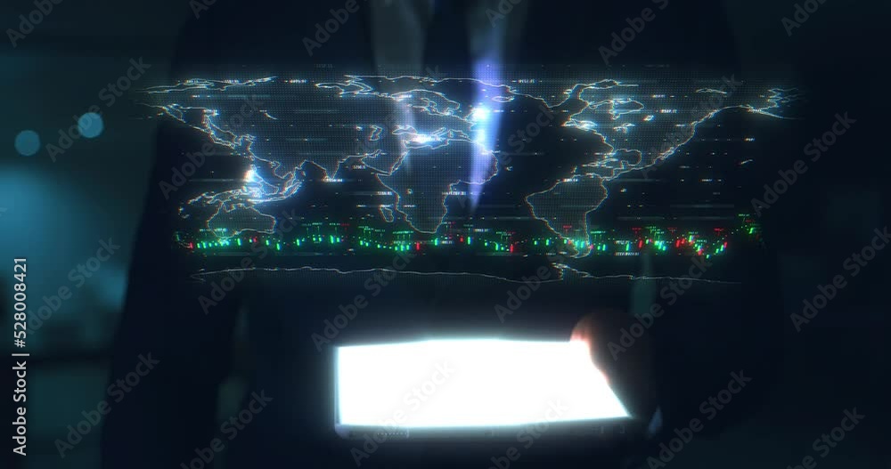 Ux, ui and digital with a 3d world map on a tablet in the hands of a ...