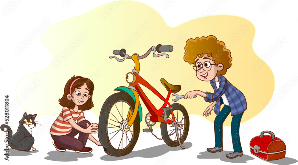 vector illustration of kids repairing their bike. Stock Vector | Adobe ...