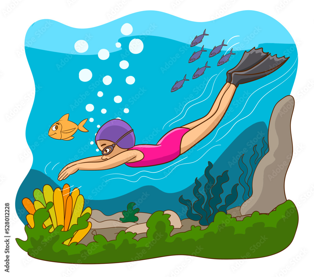 Cute little girl diver cartoon vector illustration Stock Vector | Adobe ...