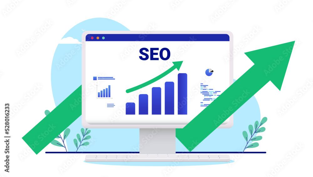 Seo Optimisation Vector Illustration Of Computer With Search Engine