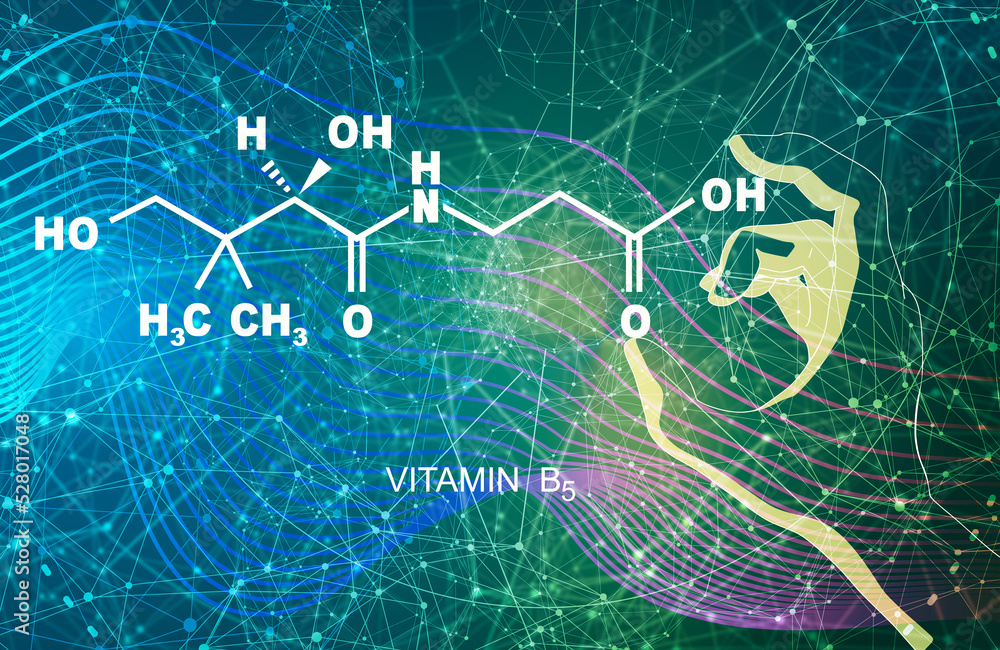 Hand holding chemical molecular formula of vitamin B5 pantothenic acid ...