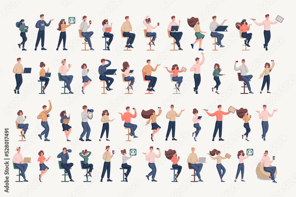 Set of happy people demonstrating the joy of work, draws, works at a ...