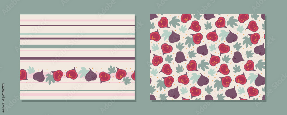 Seamless fig pattern set. Fruits with leaf hand drawn sketch isolated ...