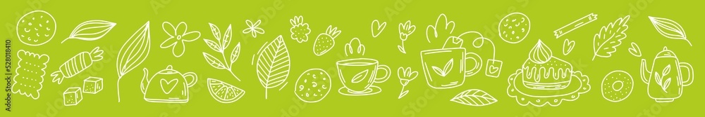 Tea party pattern, tea set. A sketch. Vector horizontal illustration of ...