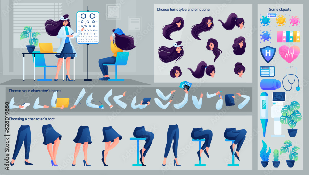 Stylized Character, Female ophthalmologist is receiving a patient. Set ...