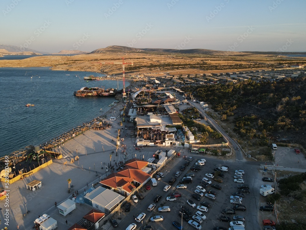 Aerial view of Zrce Beach Festival in Novalja, island Pag, archipelago ...