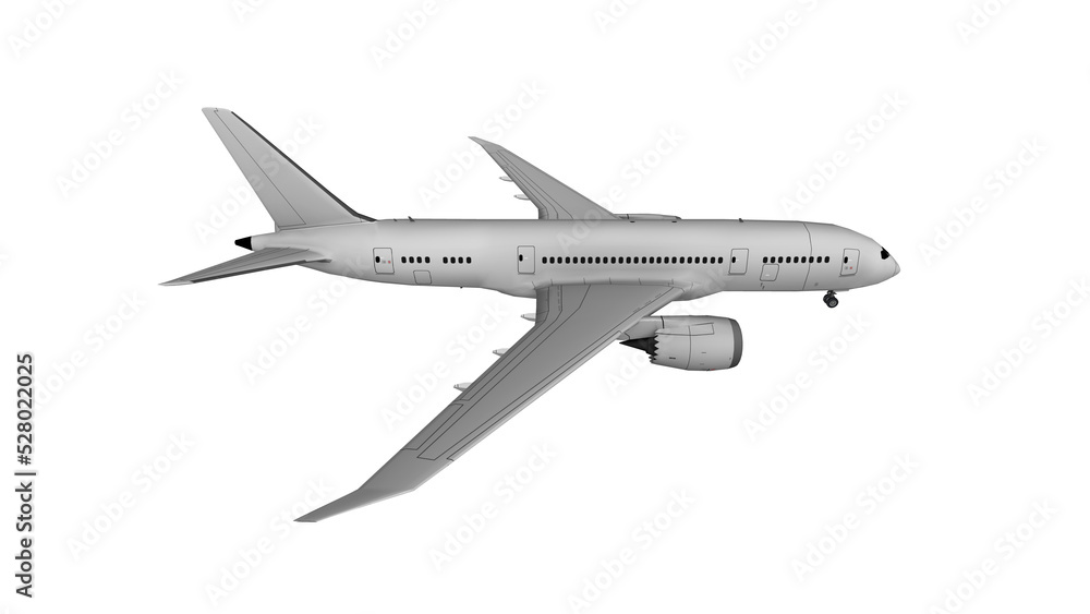 Airplane flying from left to right with a 30-degree tilt. 3D Render ...