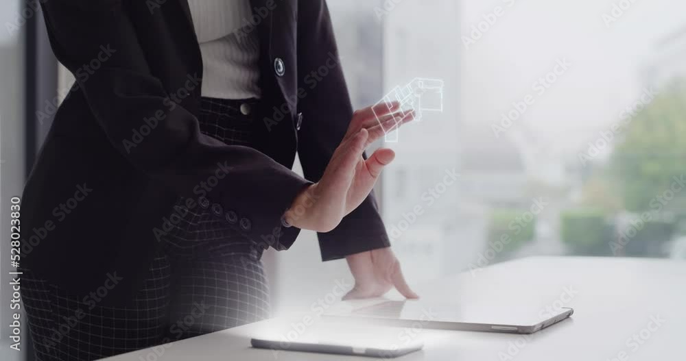 Hologram, architect and futuristic smartphone technology and engineer ...