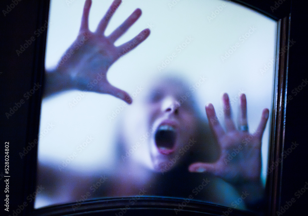 scary picture of hands behind glass, horror ghost woman behind door ...