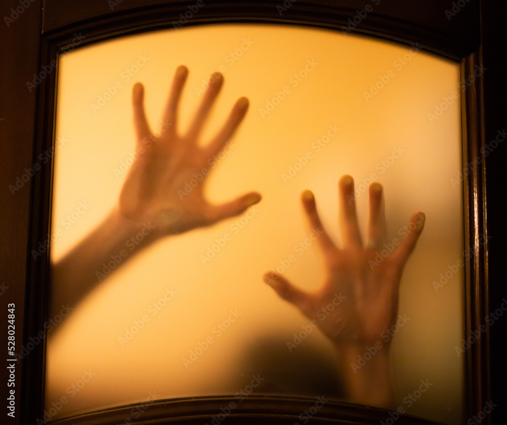 scary picture of hands behind glass, horror ghost woman behind door ...