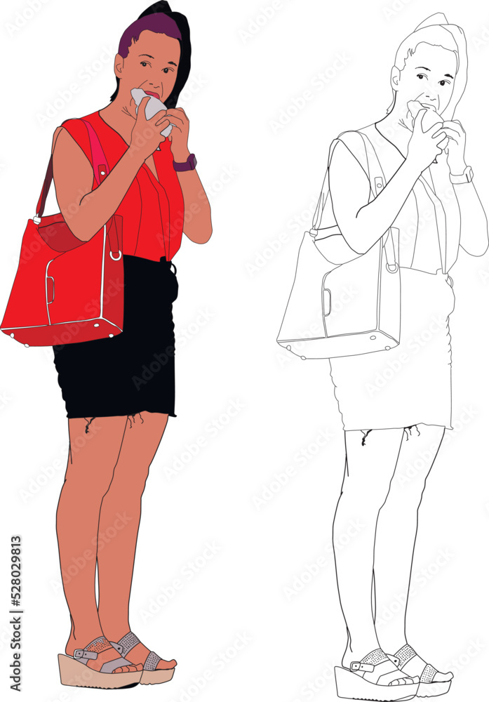 Pretty woman bites delicious sandwich poses outdoors at street looks ... Pretty woman bites delicious sandwich poses outdoors at street looks ...