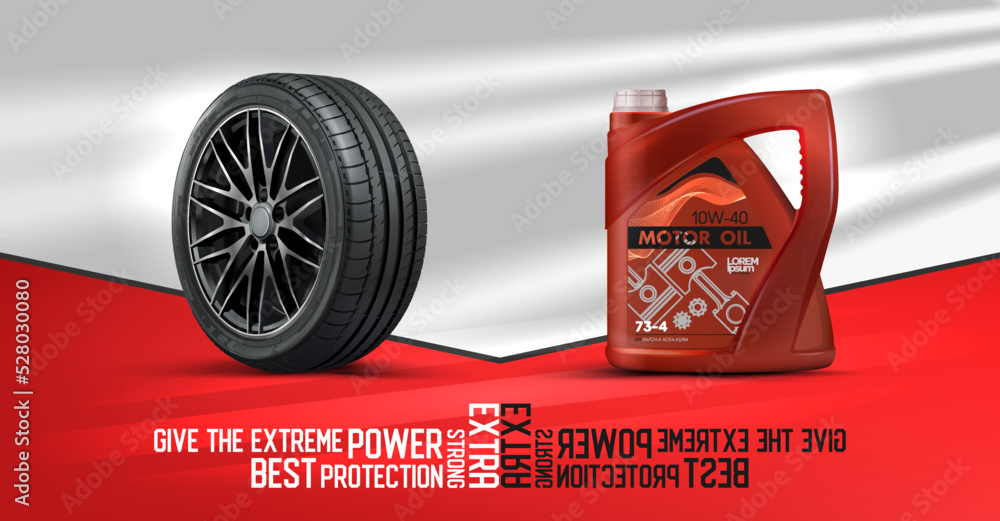 Modern car wheel with a disk on a red background and engine oil ...
