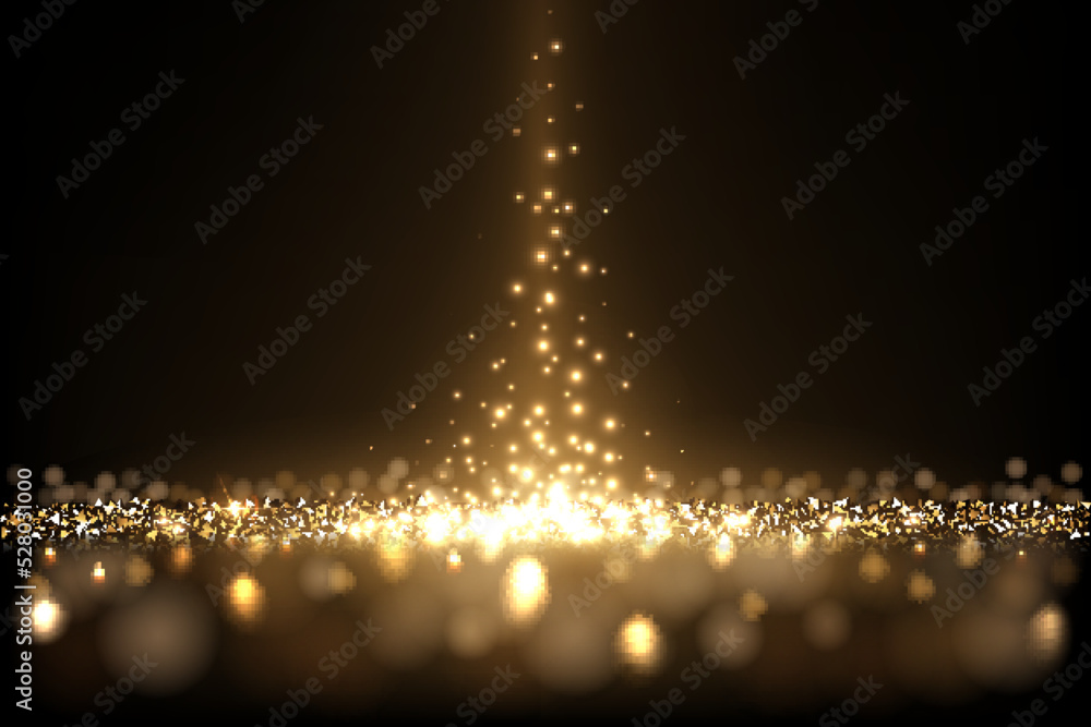 Gold glitter and sparkle of falling confetti in spotlight light beam ...
