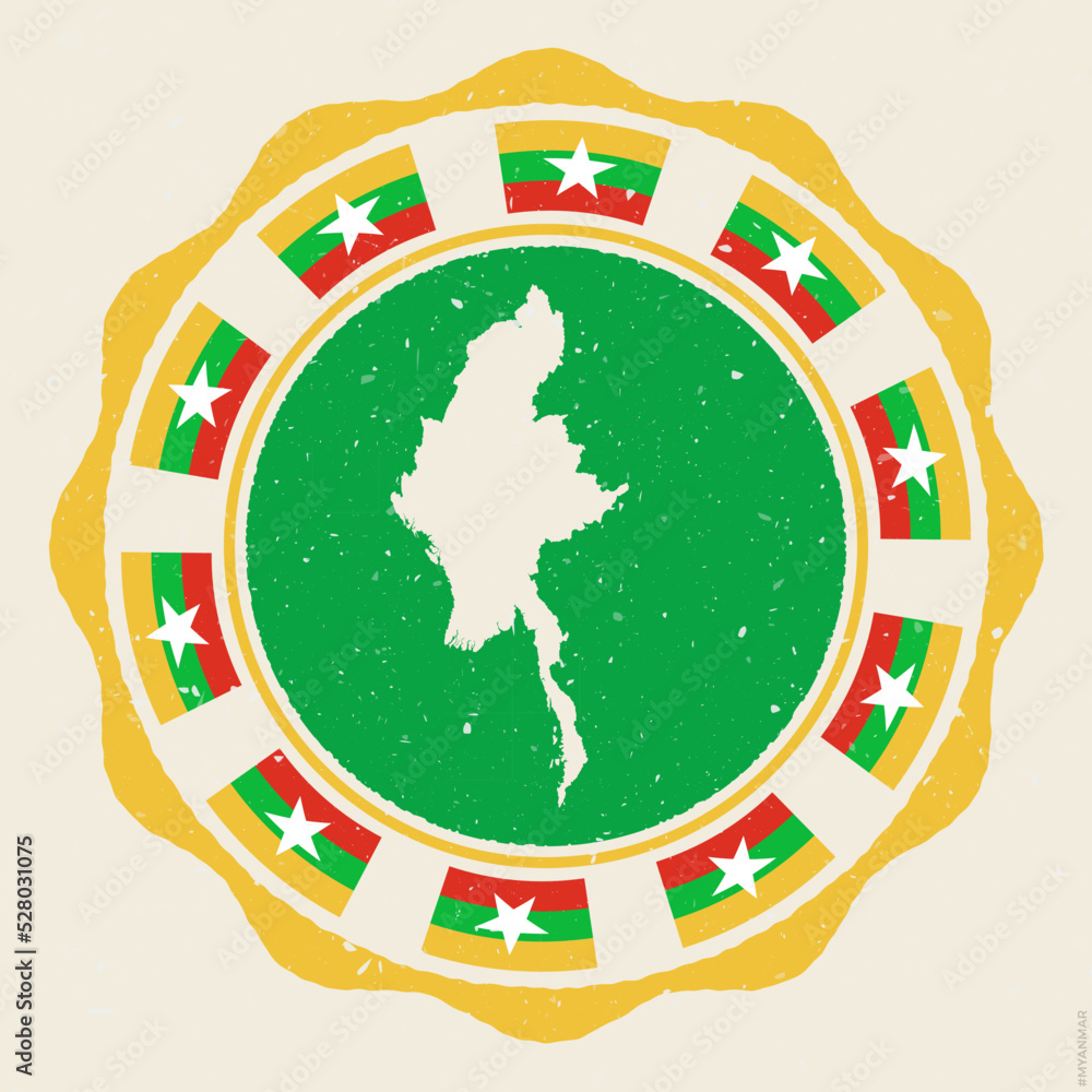 Myanmar vintage sign. Grunge round logo with map and flags of Myanmar ...