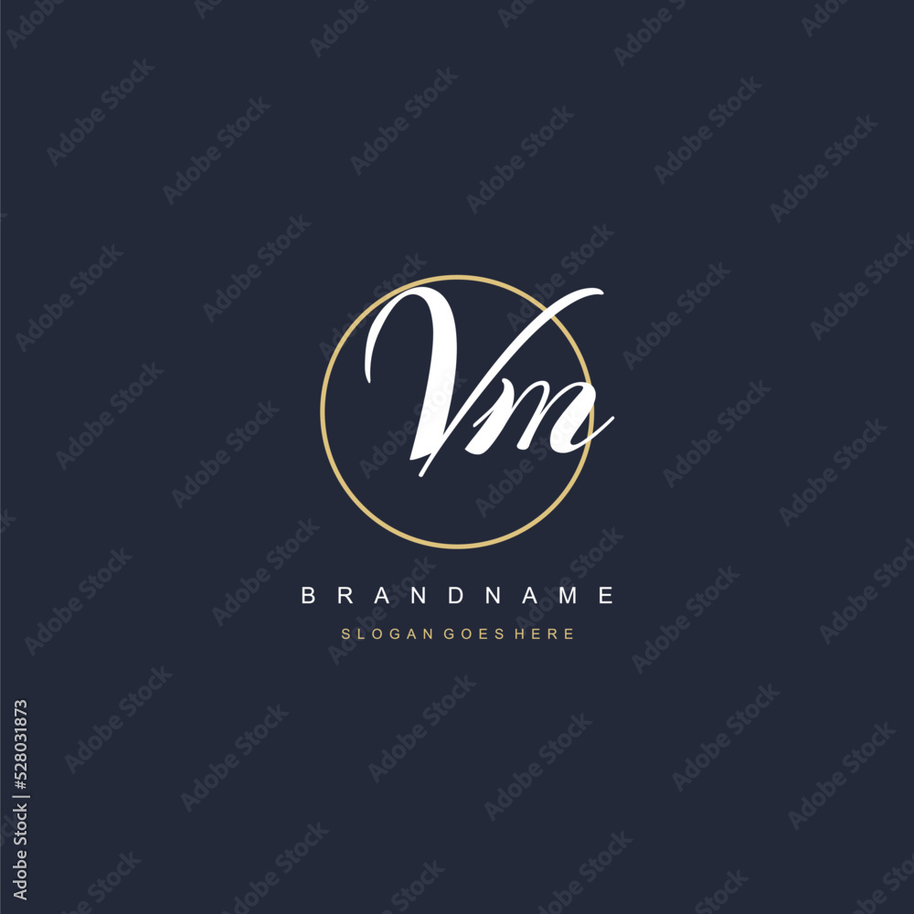 Initial letter VM logo monogram feminine style with circle line design ...