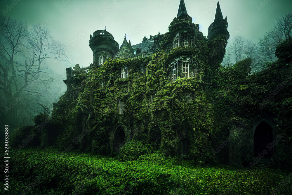 Gothic Castle in the dark forest, dark scary horror castle 3d rendering ...