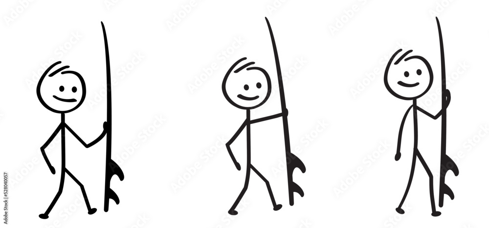 Cartoon surf stickman, stick figure man andb surfboard. Summer surfing ...
