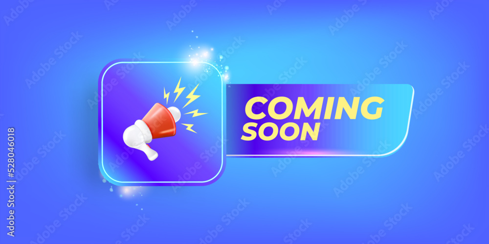 Coming soon horizontal banner with megaphone and button on blue modern ...