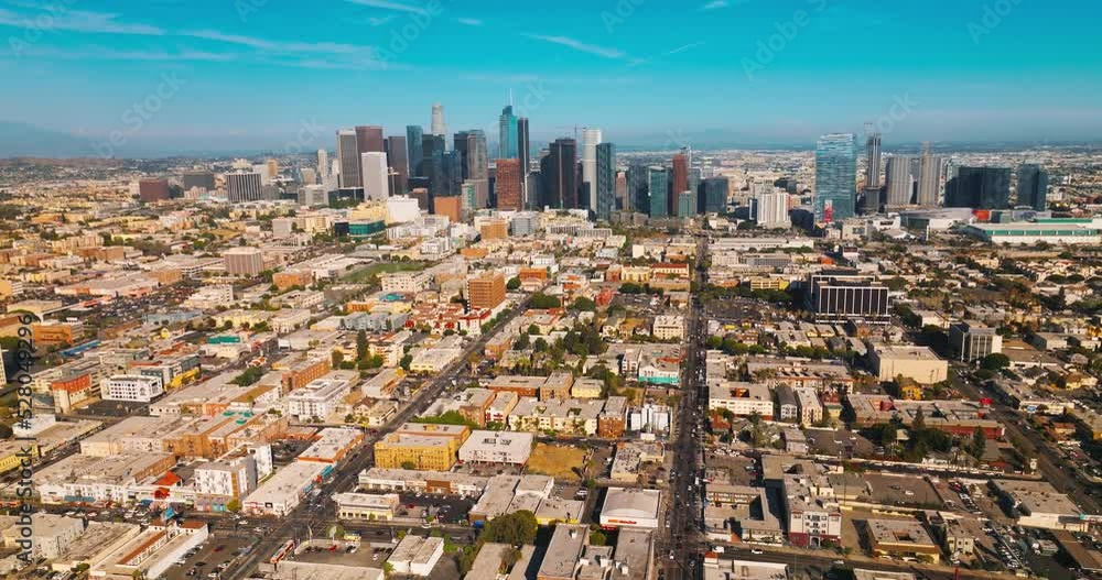 Los Angeles skyscrapers standing out from low architecture of the ...