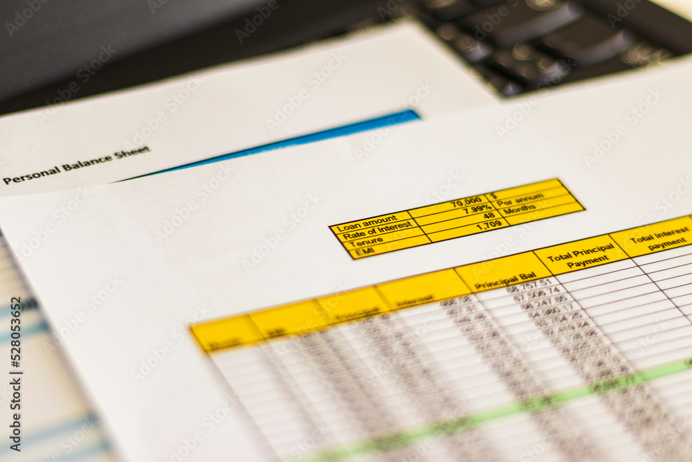 Close up shot of a print outs of excel table of a bank loan ...