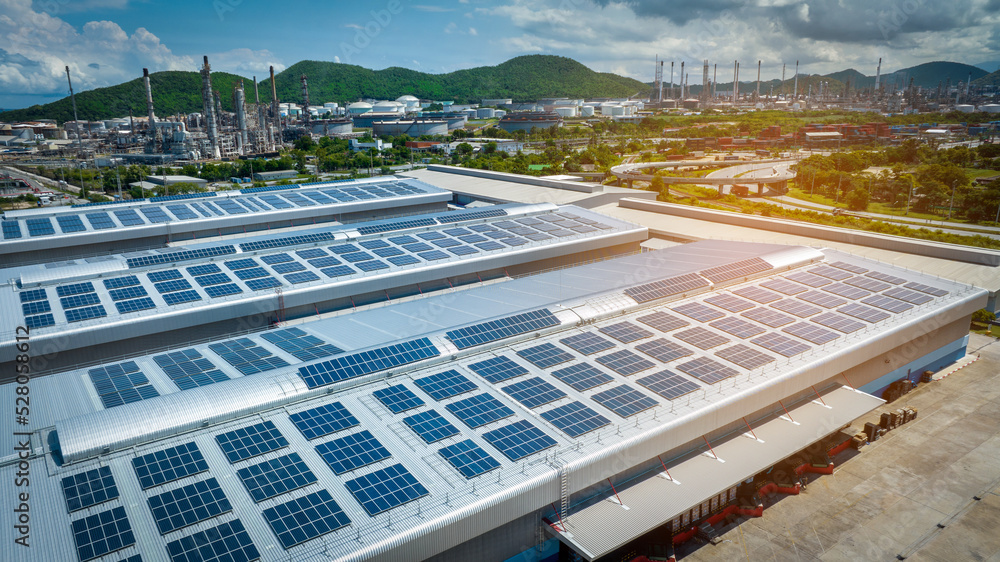 Top view Solar Cell on Warehouse Factory. Solor photo voltaic panels ...